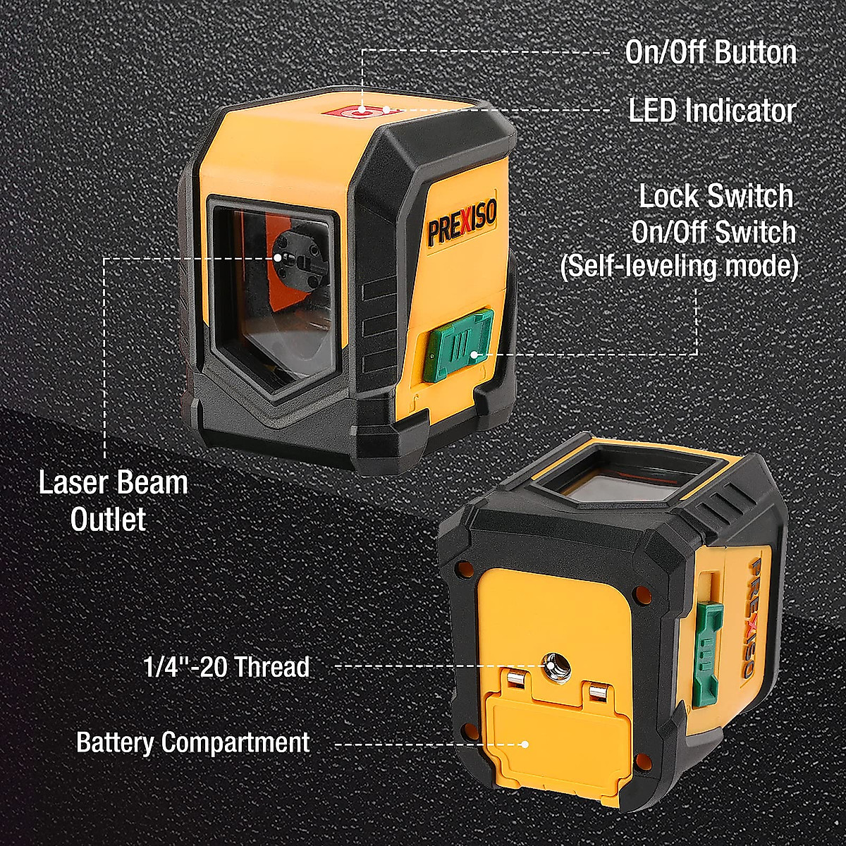 PREXISO Laser Level, 65Ft Self Leveling Cross Line Laser Level, Green Line leveler Tool for Hanging Picture, Floor Tile, Home Renovation with LED Indicator & 2 AA Batteries (360°Clamp)