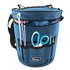 BeCraftee XL Crochet Bag - Large Craft Organizer to Store Crocheting & Knitting Supplies - Portable Yarn Storage with 7 Pockets for Tools, Shoulder Strap and Handle - Blue | Easy to Carry, Tangle Free