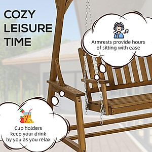 Outsunny 2 Seater Outdoor Swing Loveseat with Canopy and Hanging Chains, Patio Swing Chair, Wooden Porch Swing Glider, for Garden, Poolside, Backyard