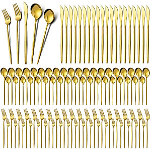 100 Pcs Gold Silverware Set Stainless Steel Flatware Service Set for 20, Kitchen Home Tableware Cutlery Utensils Spoon Fork Knives Black Gold Silverware Mirror Polished Dishwasher Safe (Gold)