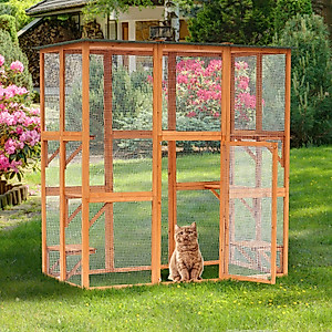 PawHut Outdoor Cat House Big Catio Wooden Feral Cat Shelter Enclosure with Large Spacious Interior, 6 High Ledges, Weather Protection Asphalt Roof, 71" L, Orange