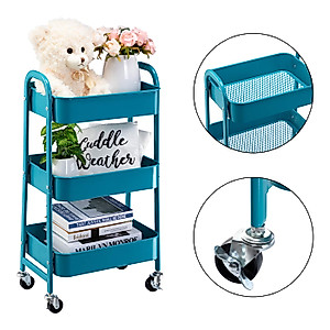 AGTEK Makeup Cart, Movable Rolling Organizer Cart, 3 Tier Metal Utility Cart, Peacock Blue Storage Cart