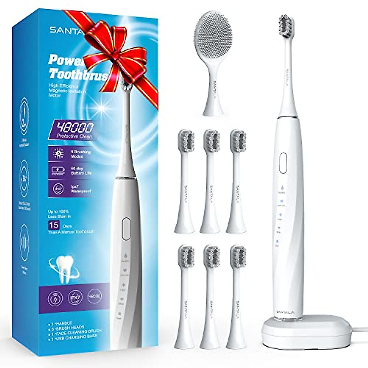 SANTALA UltraSonic Electric Toothbrush with 6 Brush Heads and 1 Cleansing Brush, Waterproof Safe Power Toothbrush,5 Modes,One Charge for 100 Days,48000 VPM Motor (White)
