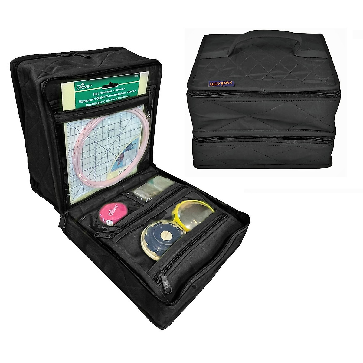 Yazzii Deluxe Double Organizer Tote Bag - Portable Storage Bag Organizer - Multipurpose Storage Organizer for Crafts, Toiletries, Medication, Cosmetics & Jewelry Black