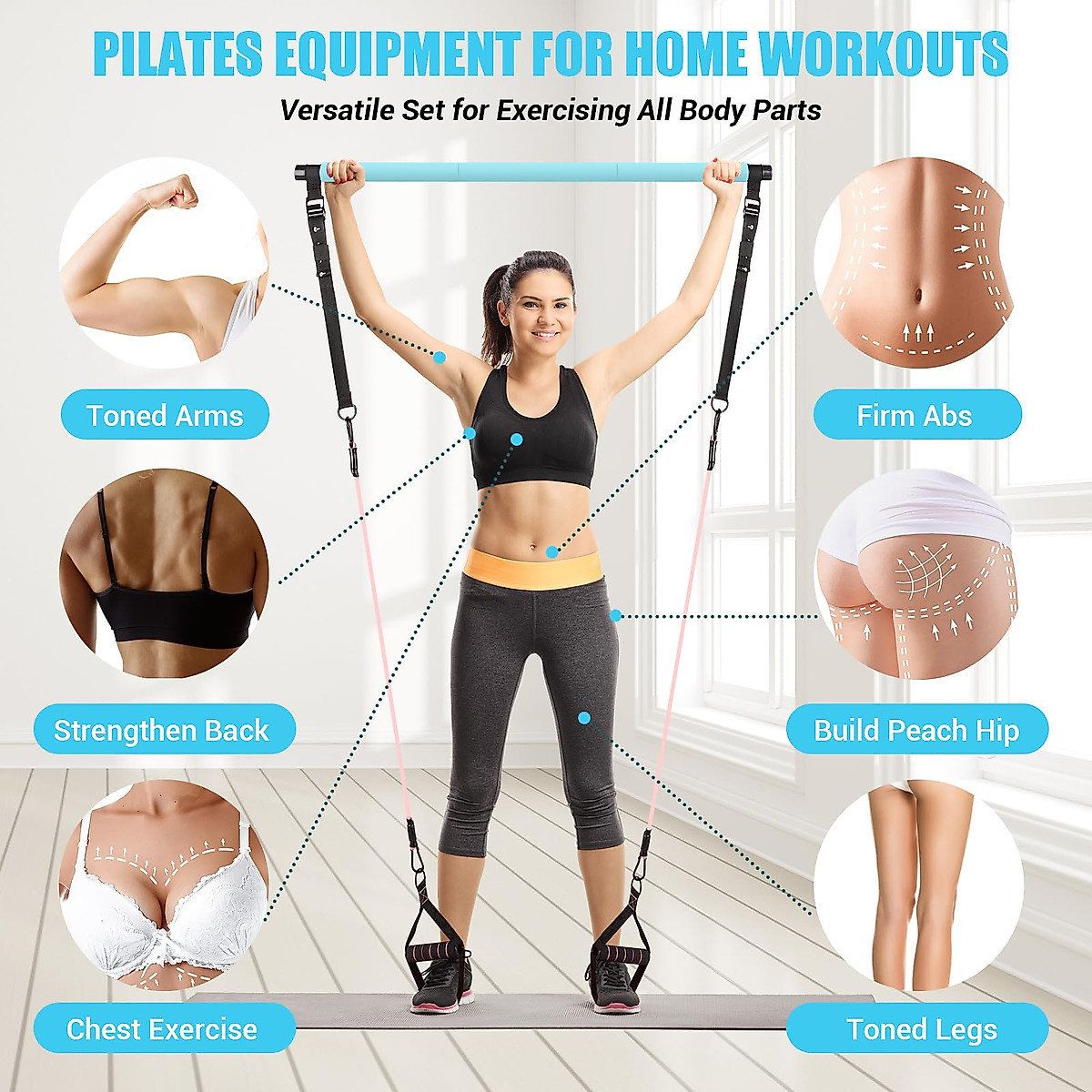 Pilates Bar Kit with Resistance Bands, Multifunctinal Exercise Bar with Resistance Bands for Pilates/Abs/Weight Loss, Portable Home Gym Pilates bar kit for Full Body Training Women - Blue