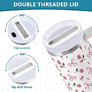 Tumbler with Handle and Straw Lid,Pink Bows Roses 40 oz Insulated Coffee Cup Stainless Steel Water Bottle Travel Mug Cupholder Friendly,Gifts for Women Men