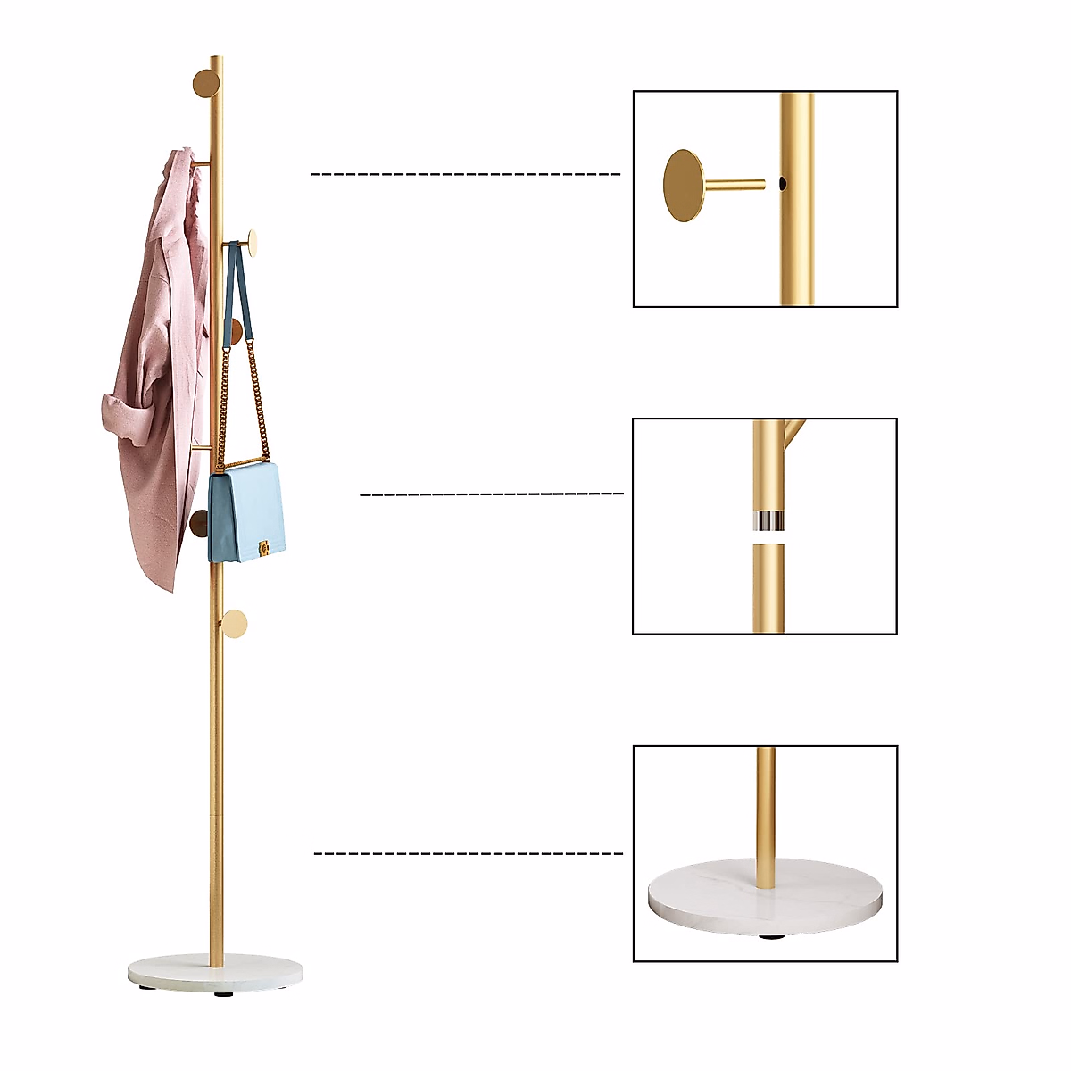 DOORXIFO Gold Coat Racks, Metal Coat Rack Freestanding with Hooks, Entryway Coat Rack Stand, Coat Racks with Marble Base, Coat Tree for Hanging Clothes, Hats, Bags