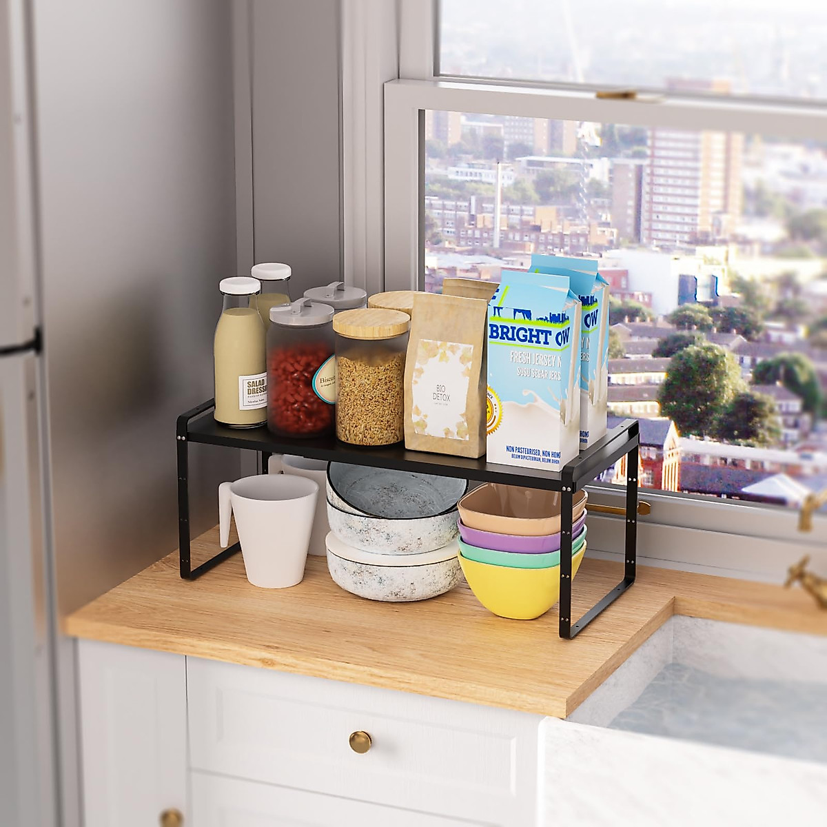 SANNO Expandable Cabinet Shelf Rack,Large Kitchen Cupboard Organizer Stackable Counter Shelf Organizer large Expandable Shelves Cupboard Organizer Rack, Black, 3 pack