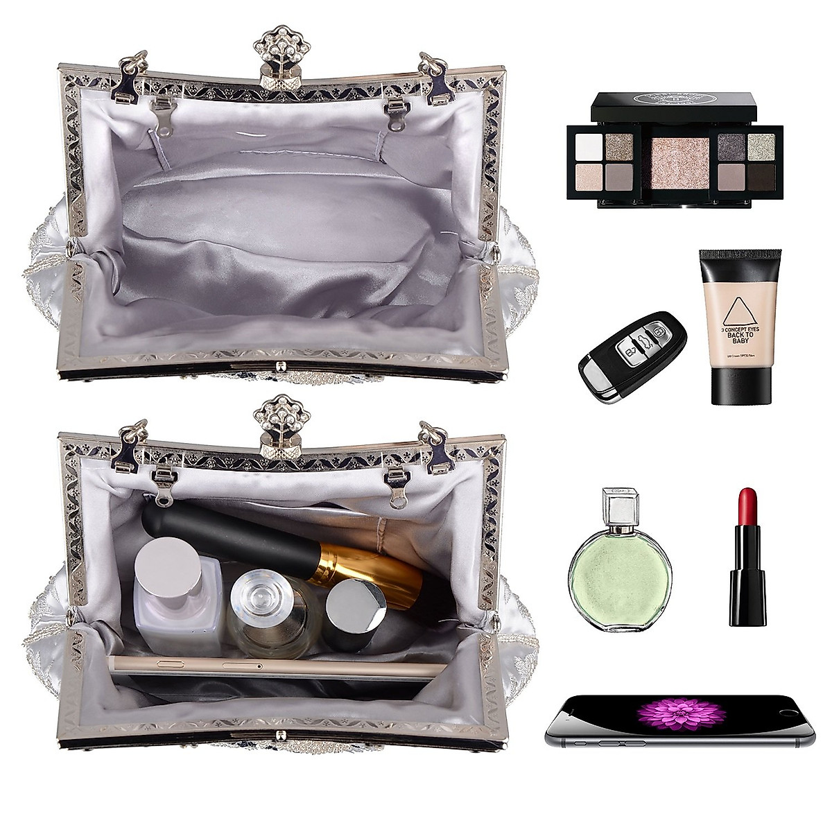 KISSCHIC Women's Handbag Vintage Rose Embroidered Beaded Sequin Evening Bag Wedding Party Clutch Purse (Silver)