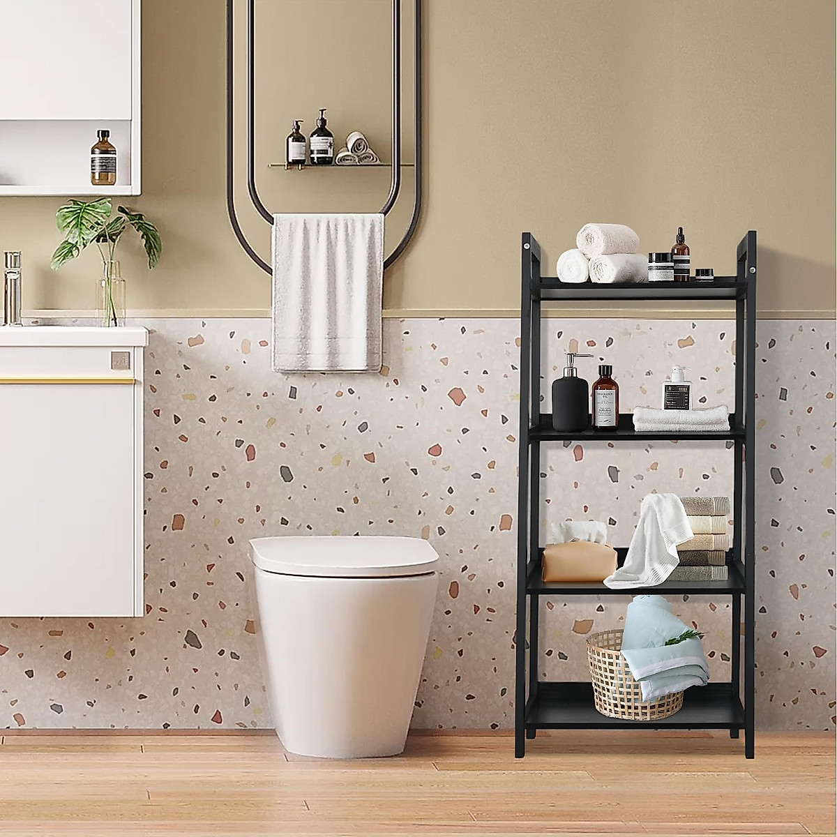 ECOMEX 4-Tier Ladder Shelf Modern Style Shelf, Ladder Bookshelf Open Storage Rack Wood Ladder Shelf with Solid Pine Frame, Freestanding Ladder Shelves for Home Office, Bedroom (Black)