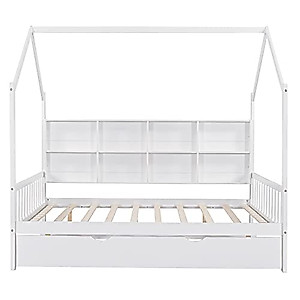 BIADNBZ Wooden Full Size House Platform Bed Frame with Trundle,Kids DayBed with Shelf for Kids/Teens,White