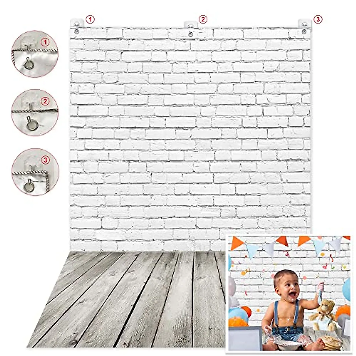 GiuMsi Polyester 5x7.7FT White Brick Wall with Wooden Floor Photography Backdrop with 3 Hooks for Baby Shower Newborn Portrait Photo Background Shoot Props