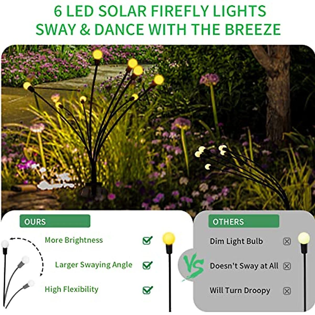 Vibera Solar Garden Lights 6 LED Firefly Lights Solar Outdoor Waterproof Solar Powered Outdoor Lights Decorative for Garden Swaying Solar Garden Lights Decorative for Pathway Patio Yard（2pack）