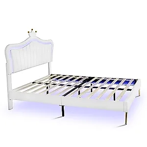 Upholstered Princess Bed Platform Bed, Queen Size Fun Cute Bed Frame with Adjustable Crown Shaped Headboard and LED Lights, Kids Bedroom Furniture Princess Bed Upholstered Bed (White)