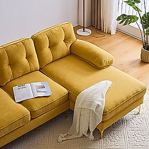 P PURLOVE Modern 3 Seater Sectional Sofa, L Shape Sofa with Comfortable Soft Back and Armrest, Modern Luxury Velvet Couch with Strong Metal Legs for Living Room Bedroom (Yellow)