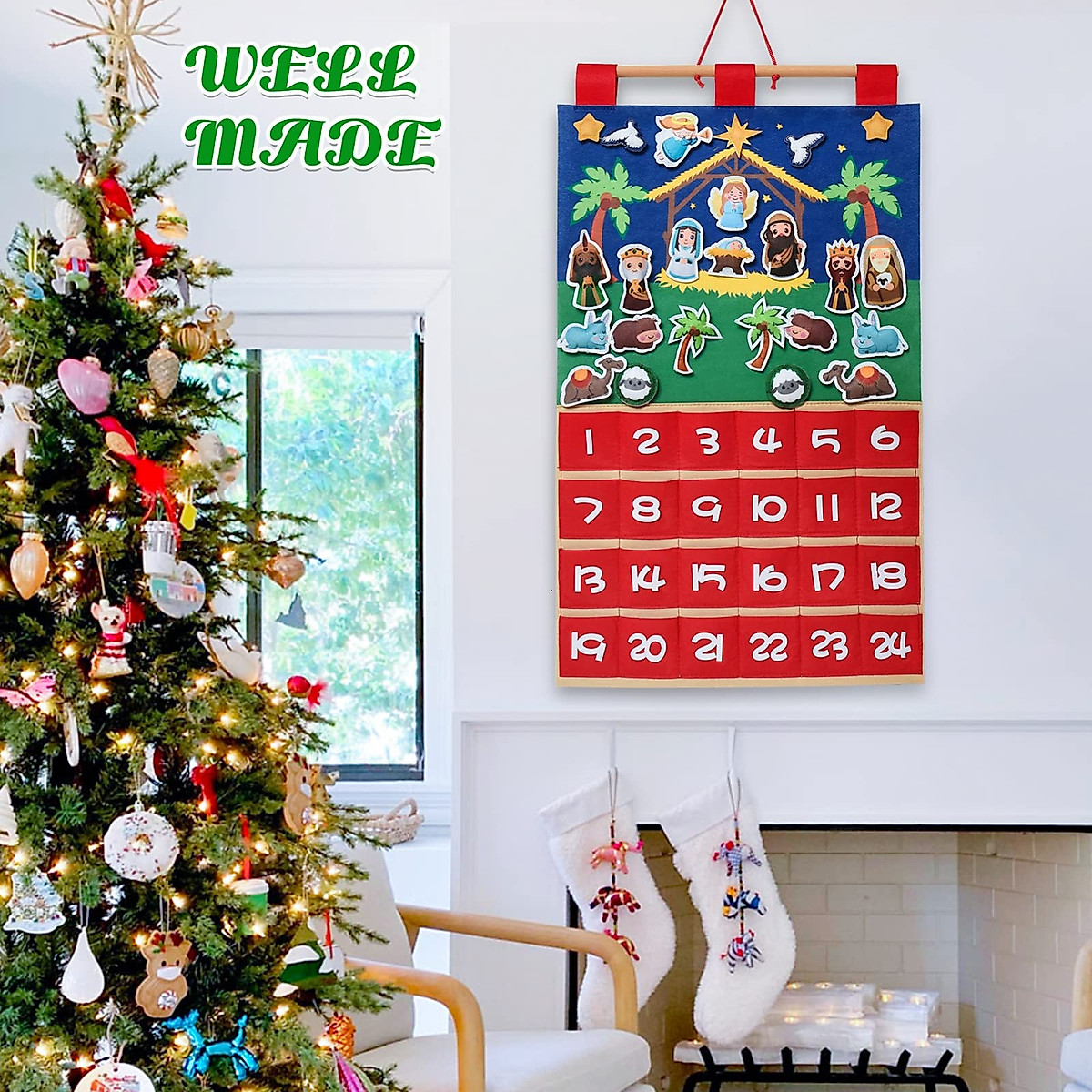 Timoo Nativity Advent Calendar 2024 Fabric Christmas Countdown Calendar for Kids Wall Christmas Advent Calendar with Pockets and 24 Unique Stuffed Figures