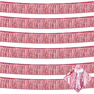 6 Pack 10 Feet Foil Fringe Garland Metallic Tinsel Streamers Banner Wall Hanging Curtain Backdrop for Parade Floats, Bachelorette, Wedding, Birthday, Halloween, Christmas Party Decorations(Pink)