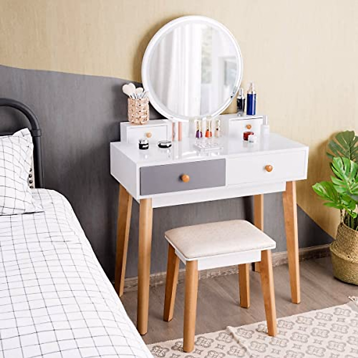 Vanity Set, Touch-Screen LED Round Mirror, Dressing Table with Cushioned Stool, 4 Storage Drawers &Spacious Desktop, 3 Adjustable Light Colors, Makeup Table and Stool Set for Women Girls, White + Gray