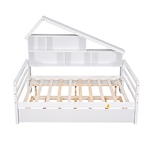 Harper & Bright Designs Full Size Daybed with Trundle and Storage Bookcase, Solid Wood Platform Bed Frame, House Bed for Kids Girls Boys, No Box Spring Needed (Full, White)