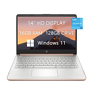 HP 14 HD Laptop, 2023 Newest Upgrade, Intel Celeron N4120(Quad-core), 16GB RAM, 128GB(64GB SSD+64GB Card), HDMI, USB-C, Lightweight, Windows 11, School and Business Ready, Rose Gold, ROKC HDMI Cable
