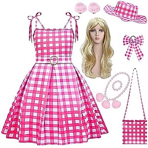 TODDLA Kids Pink Gingham Dress Costume Girls Margot Robbie 2023 Movie Dress Sleeveless Flutter Skirt (140, Pink 16)
