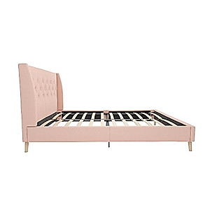 Novogratz Her Majesty Upholstered Linen Bed, Tufted Wingback Design and Wooden Legs, Queen Size - Pink Linen