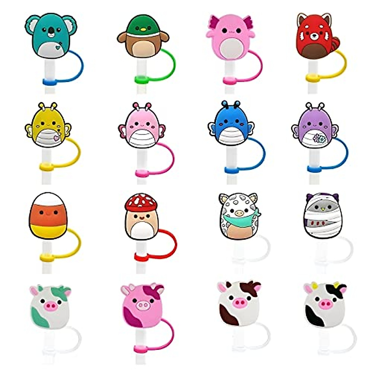 16Pcs Animal Straw Tips Cover Cap Reusable Silicone Straw Toppers Drinking Straw Tips Lids for 6-8 mm Cute Straws Plugs (Straw Not Included)