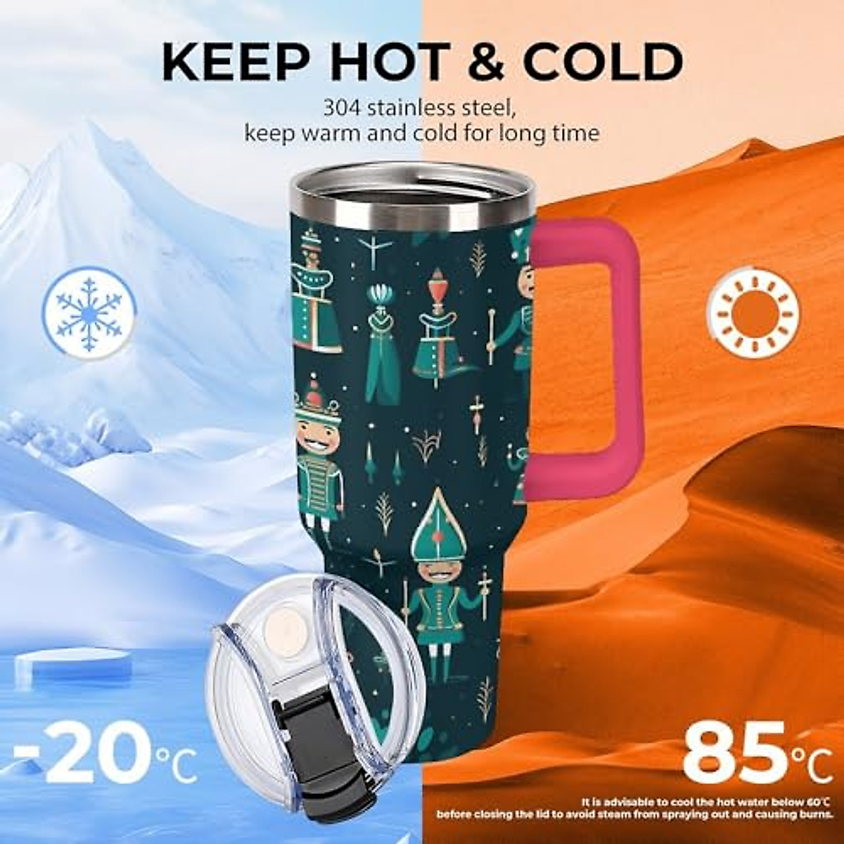 Nutcracker Ballet 40 Oz Car Cup Stainless Steel Travel Mug Leak-Proof Insulated Tumbler with Handle Light Rose Red-style