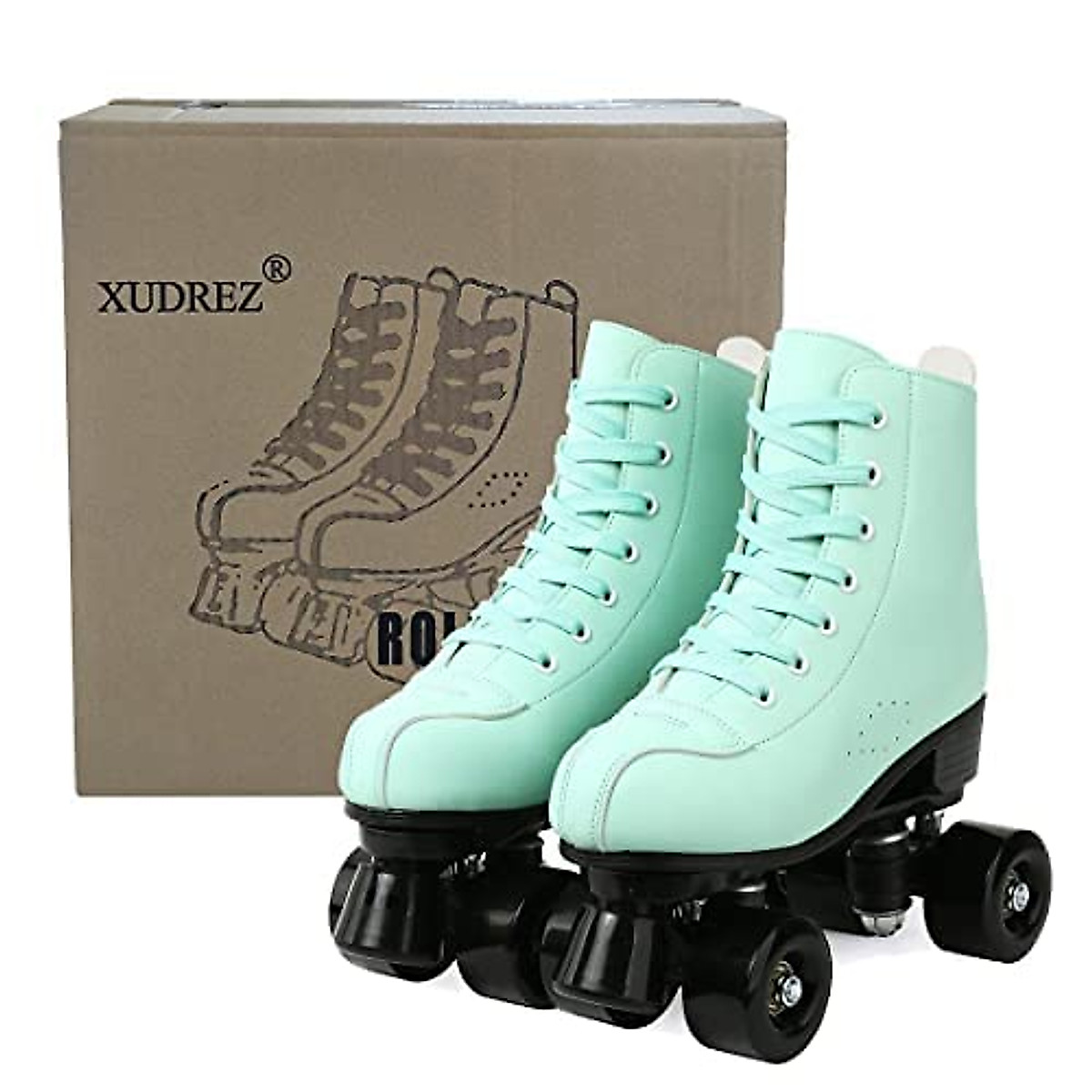 XUDREZ Roller Skates for Women Cozy Green PU Leather High-top Roller Skates for Beginner, Professional Indoor Outdoor Double-Row Roller Skates with Shoes Bag (Black Wheel,39)