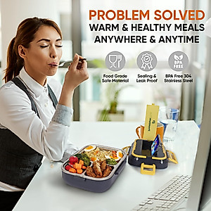 PREMIUMPLUS Electric Lunch Box Food Heater- Portable Food Warmer with Carrying Bag, Fork & Spoon- Lunch Box Warmer Portable for Work Car Truck- 1.5L Crockpot Lunch Warmer- 60W 12V/24V/110V (Purple)