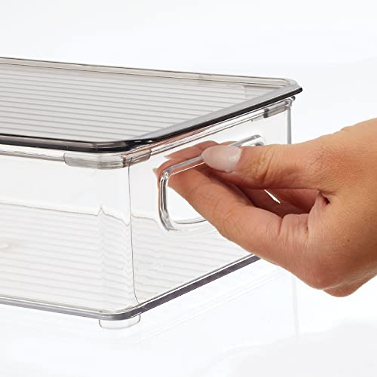 mDesign Plastic Pantry Storage Box Container with Lid and Built-In Handles - Organization for Flour, Cereal, Pasta, Rice, or Food in Kitchen Cupboard, Ligne Collection, 8 Pack, Clear/Smoke Gray