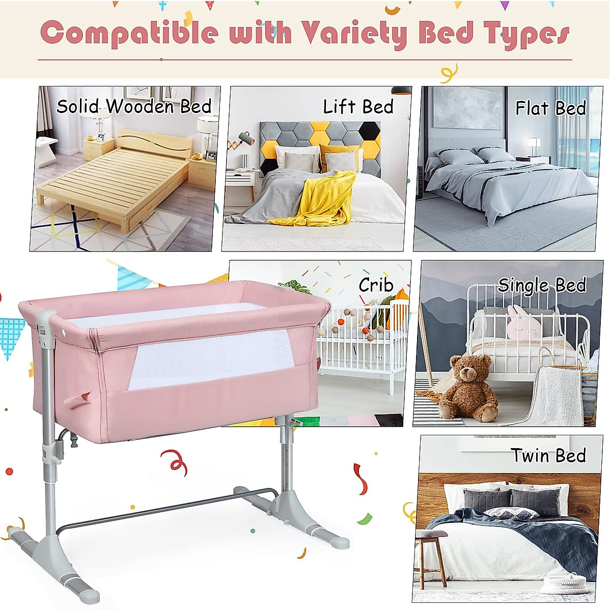 INFANS Baby Bassinet Bedside Crib, Newborn Bedside Sleeper Crib for Infants, Adjustable Height, Breathable Mesh, Detachable Washable Mattress, Portable Bassinet with Carrying Bag (Pink)