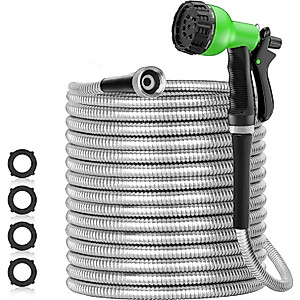 SPECILITE 100ft 304 Stainless Steel Garden Hose Metal, Heavy Duty Water Hoses with Nozzles for Yard, Outdoor - Flexible, Never Kink & Tangle, Puncture Resistant (Sliver)