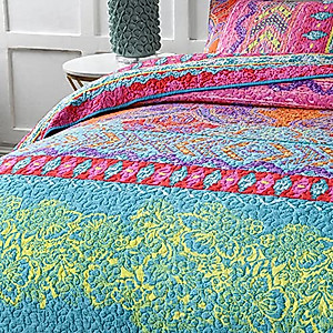 Qucover Boho Quilt Throw, Soft Microfiber Pink Blue Bohemian Bed Spread, Ethnic Style Lightweight Quilt Throw Blanket for Couch Sofa (Small Single)