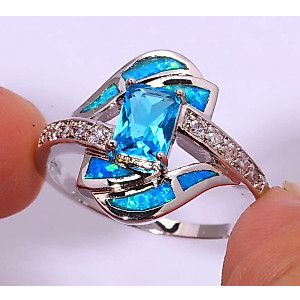 CiNily Silver Blue Fire Opal Aquamarine for Women Jewelry Gemstone Ring Size 5-12 (6)