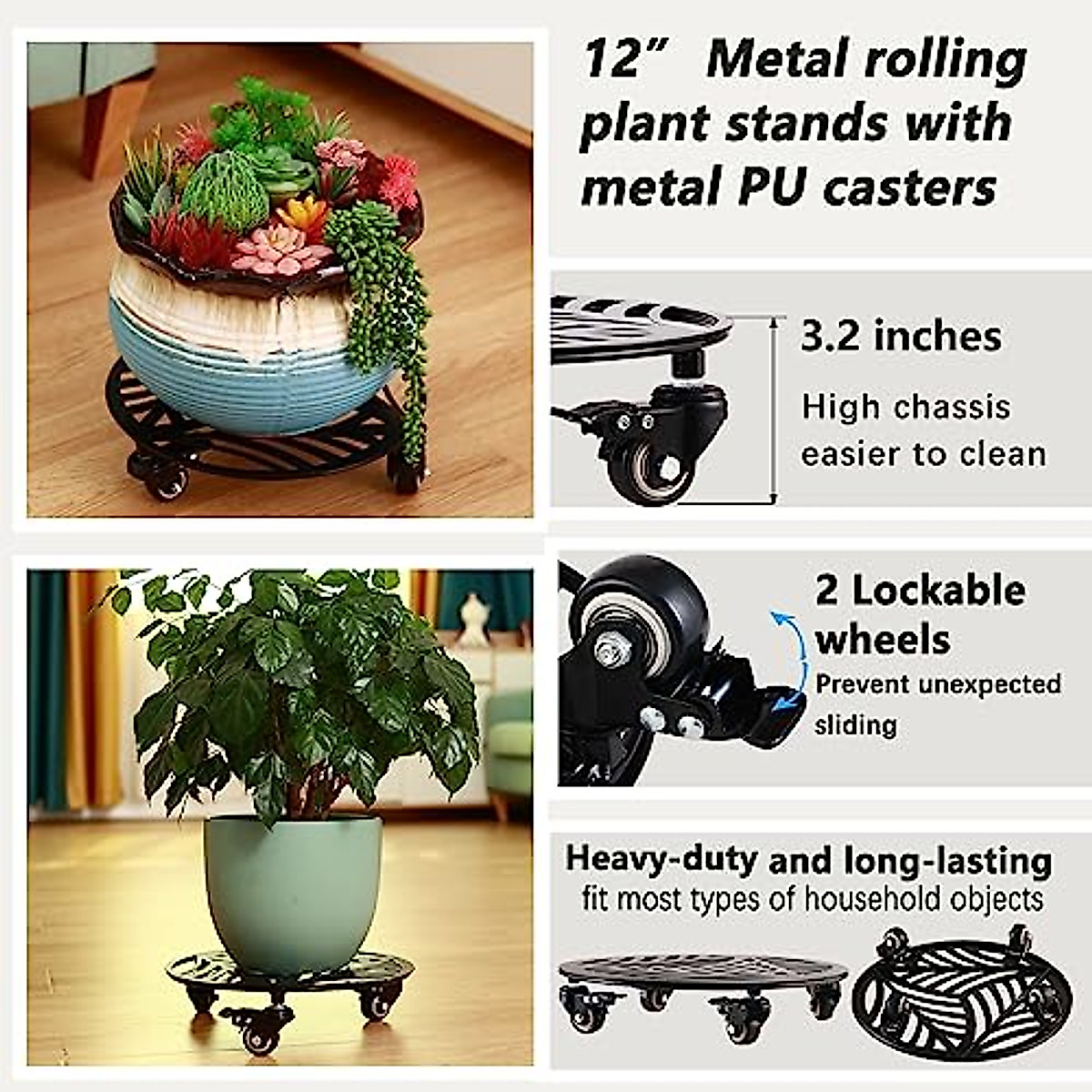 Large Metal Plant Caddy with Wheels 14 Inches Heavy-Duty Wroght Iron Rolling Plant Stand with Casters Indoor Outdoor Plant Pot Roller Base Plant Movers Plant Saucers Black, Strong Load Capacity