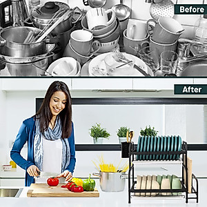 BSEKUJIN Dish Drying Rack,2Tier Dish Racks,Black Dish Drainer with Drainboards,Utensils Holder,Cutting Board Holder for Kitchen Counter