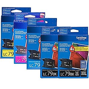 Genuine Brother LC79 (LC-79) Super High Yield Color (Bk/C/M/Y) Ink Cartridge 5-Pack (2xLC79Bk, LC79C, LC79M, LC79Y) for Brother MFCJ5910DW MFCJ6510DW MFCJ6710DW MFCJ6910DW