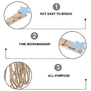 HEALLILY 100pcs Mini Wooden Clothespins Star Shape Wall Hanging Photo Clips Picture Pegs Craft Clips with Hemp Rope Blue