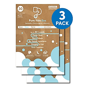 Pura Vida Eco Laundry Detergent Sheets - 90 Sheets (up to 180 Loads) - Unscented - Ideal for Travel, Baby Clothes - Compact, Liquidless, Hypoallergenic, Eco-Friendly, Plastic-Free Solution