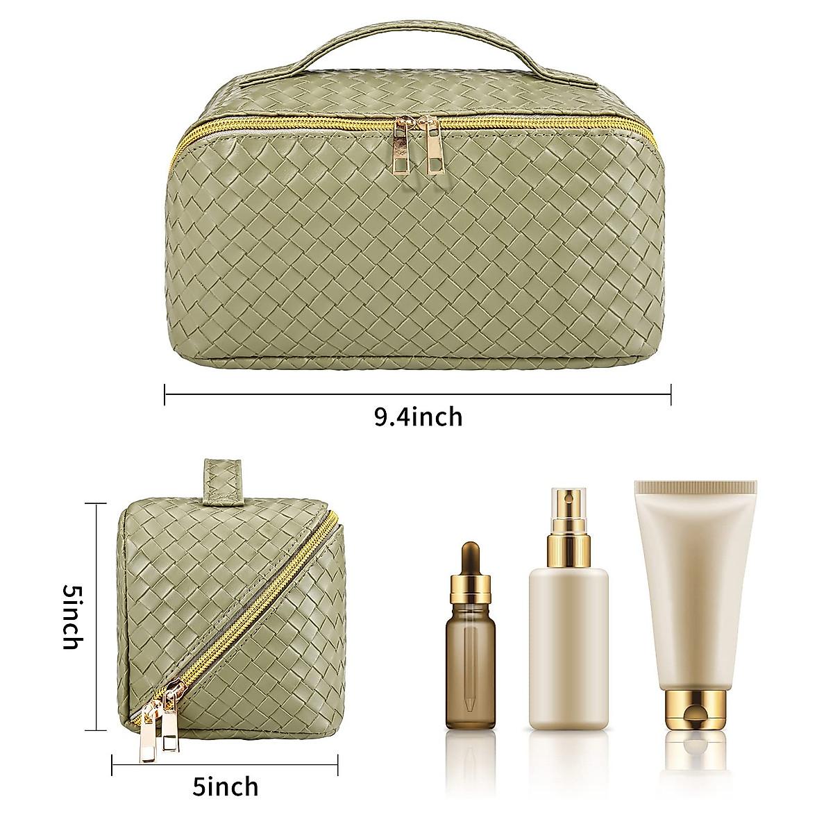 SOIDRAM Large Capacity Travel Cosmetic Bag Makeup Bag Leather Makeup Bag Organizer Women Portable Toiletry Bag Flat Lay Everything Cosmetic Bag Green
