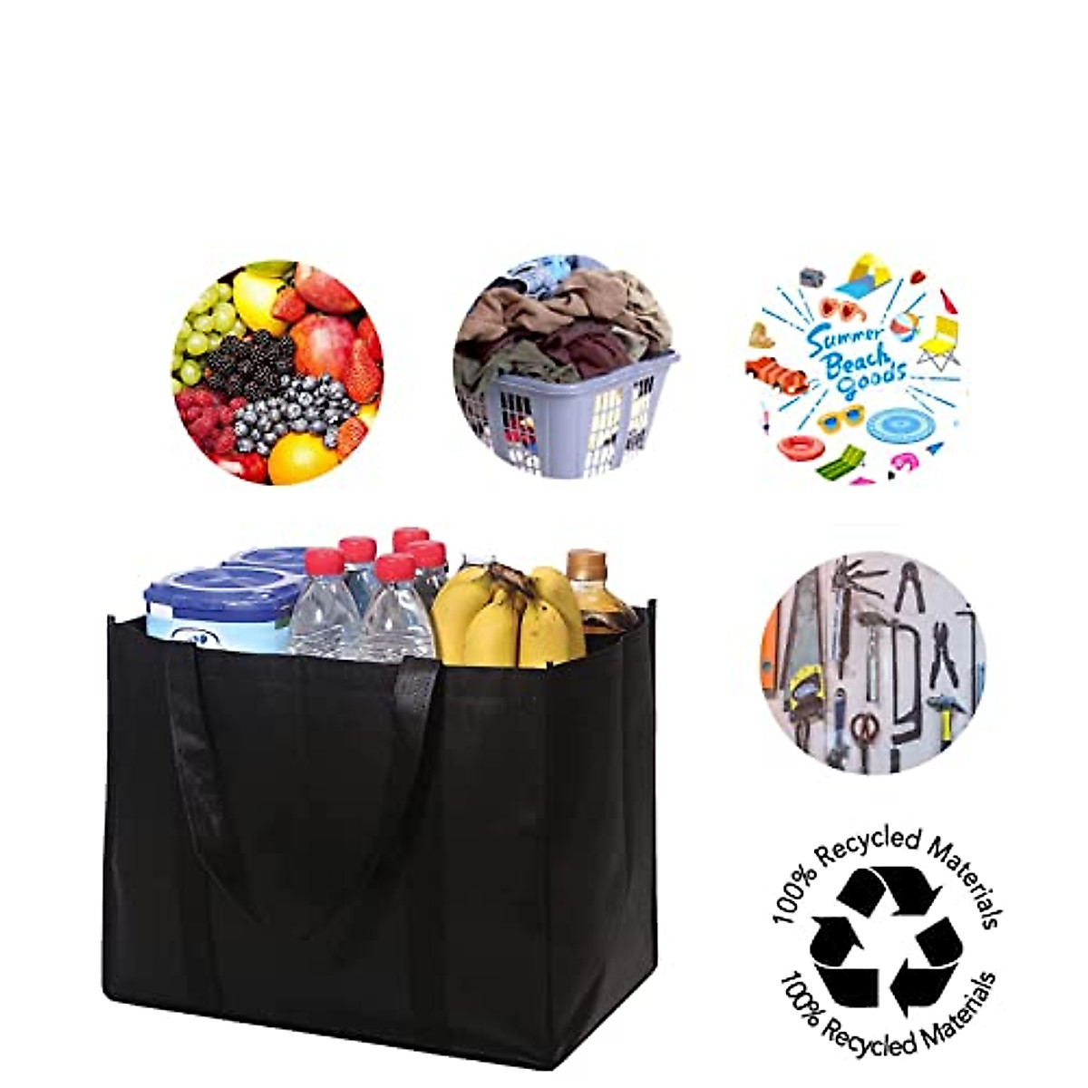 General purpose tote bags Reusable plastic groceries bags (3bags) | heavy duty foldable tote |grocery shopping | bulk bags with large handles | tote bag for travel, parties