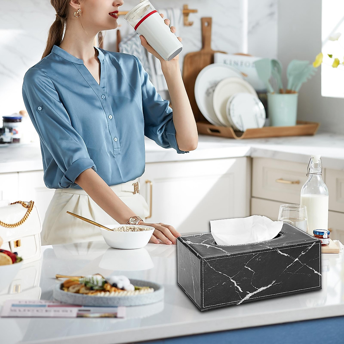 Sumnacon Rectangular Large or Medium Linen Tissue Box Cover - Stylish Tissue Box Holder with Magnetic Bottom (Marble Black, Medium)