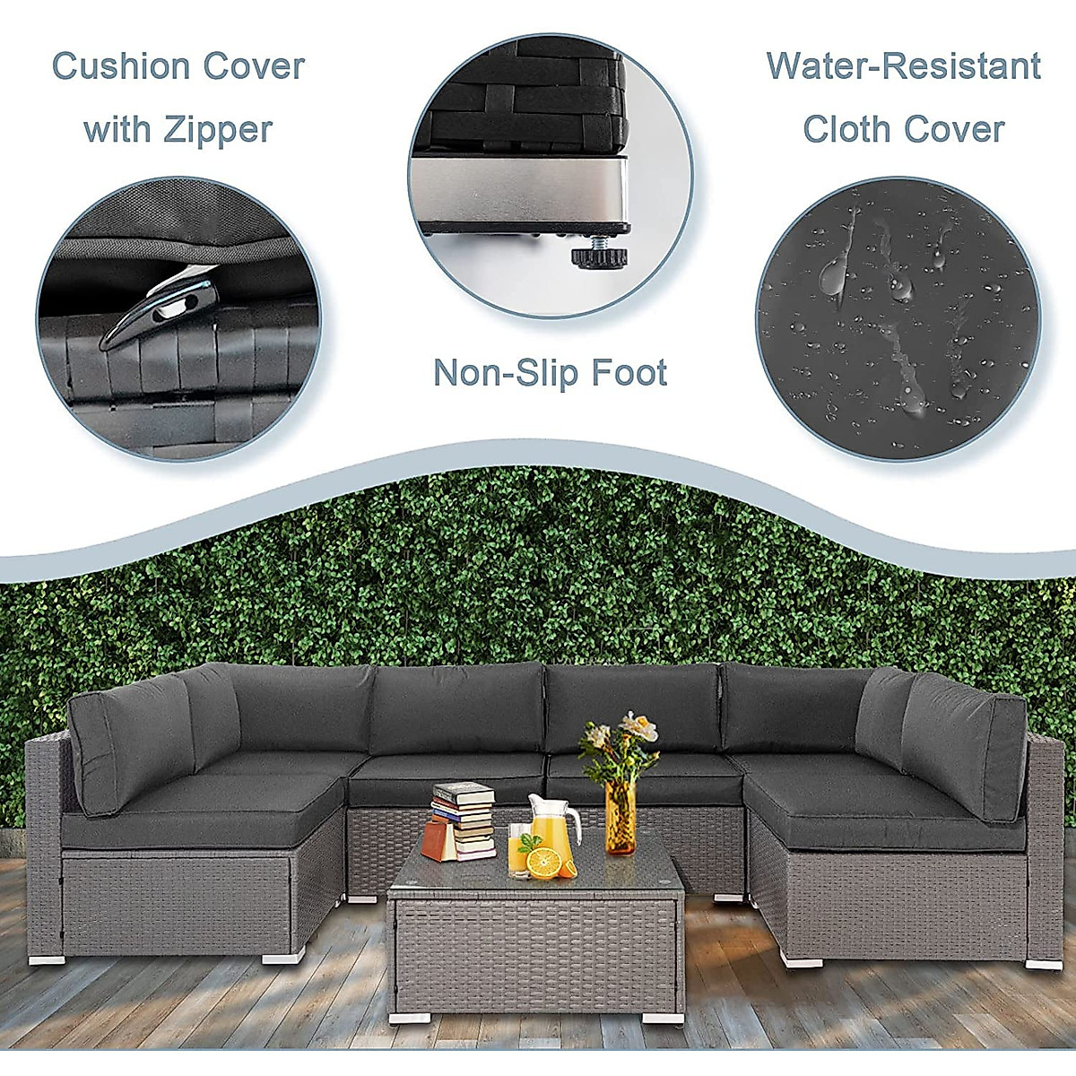 Incbruce 7-Piece Outdoor Furniture Sofa Set, All-Weather Gray Wicker Sectional Couch, Patio Conversation Sets with Glass Coffee Table and Washable Cushions (Grey)
