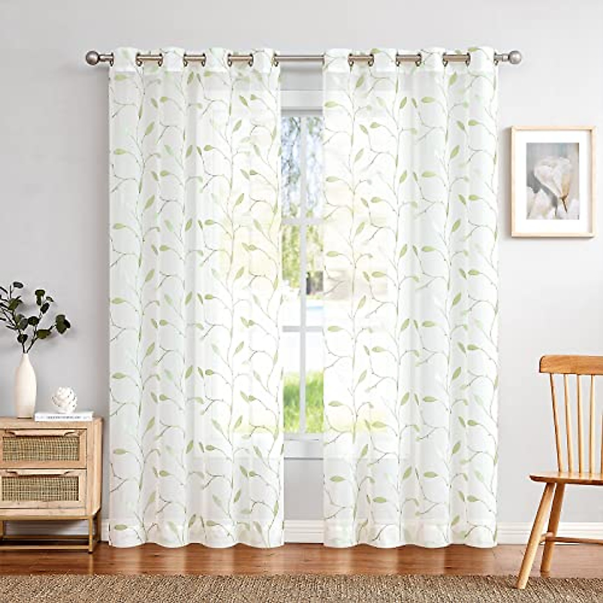 COLLACT Sheer Curtains Leaf Embroidered Living Room Curtains Farmhouse Window Treatments Sheer Curtains 84 Inch Length 2 Panels Set Window Curtains Rustic Bedroom Curtains Grommet Top Green on White
