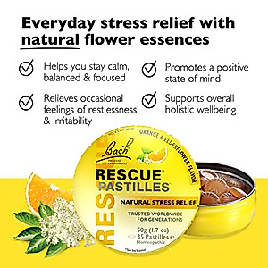 Bach RESCUE PASTILLES, Orange and Elderflower Flavor, Natural Stress Relief Lozenges, Homeopathic Flower Essence, Vegetarian, Gluten & Sugar-Free, 35 Count