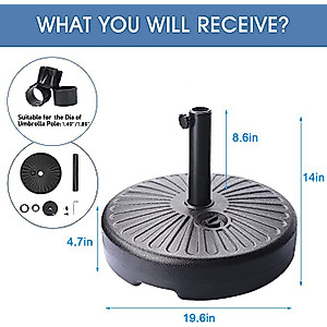 FRUITEAM Water Filled 50LB Patio Umbrella Base, Heavy Duty Plastic Outside Patio Umbrella Stand Pole Holder, 1.49-inch Steel Pole Weighted Market Umbrella Base for 6-9Ft Straight-Pole Garden Umbrella