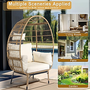VINGLI Outdoor Egg Chair Oversized 1 Piece Egg Lounger Chair with Cushions, Wicker Egg Chair for Indoor Porch, Backyard, Living Room, Balcony, 440lb Capacity