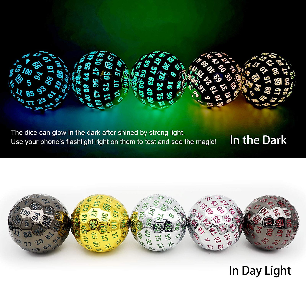 Haxtec D100 Metal Dice 100 Sided Glow in The Dark DND Dice Dungeons and Dragons Pathfinder RPG-Silver Glowing Red Numbers