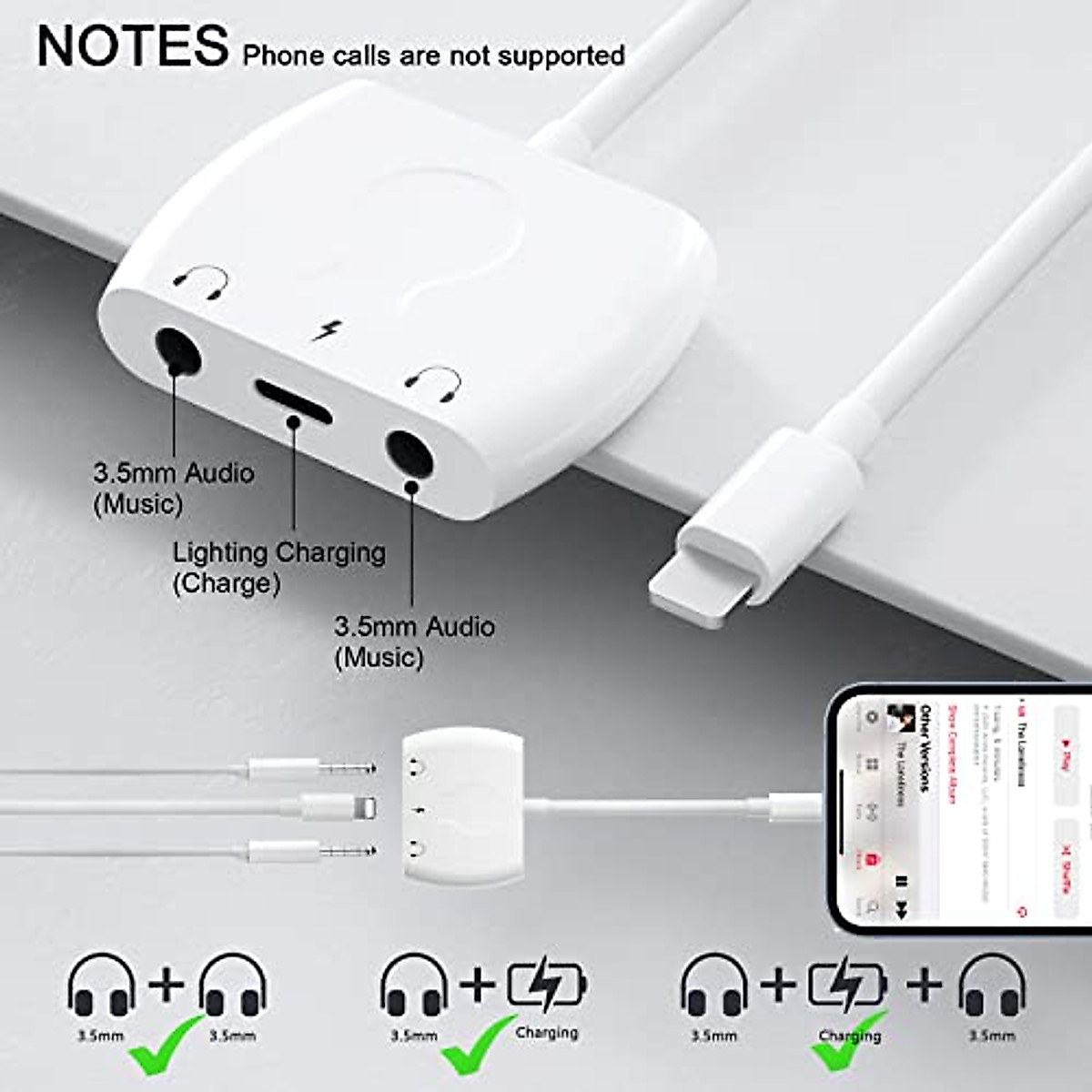 ELITEED iPhone Headphone Adapter,3in1 Lightning to 3.5 mm Headphone Jack Adapter,iPhone Splitter Audio and Charge for iPhone 14/13/12/SE/11/X/XR/8/iPad (Support Listening Music)